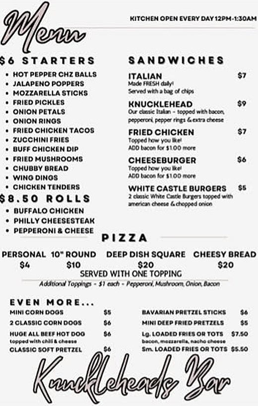 Menu – Knuckleheads Bar Pittsburgh